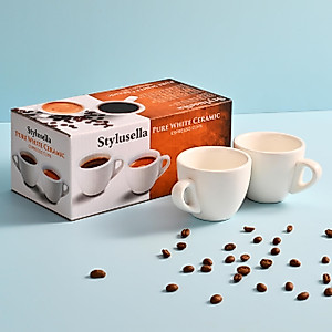 Stylusella 2.5 oz / 75 ml Pure White Ceramic Espresso Cups, Set of 2, Demitasse Espresso Mugs, SSE-114-16