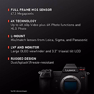 Panasonic LUMIX S1R Full Frame Mirrorless Camera with 47.3MP MOS High Resolution Sensor, L-Mount Lens Compatible, 4K HDR Video and 3.2” LCD - DC-S1RBODY (Renewed)