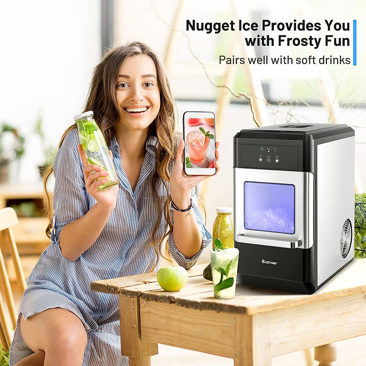 COSTWAY Nugget Ice Maker Countertop, 44 LBS Ice Makers with Built in Self-Cleaning, Intelligent Control Panel, Compressor and Ice Scoop, Portable Compact Ice Maker Machine for Party, Kitchen, Office