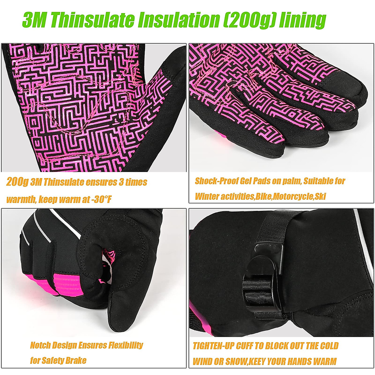 MOREOK Waterproof & Windproof -30°F Winter Gloves for Men/Women, 3M Thinsulate Thermal Gloves Touch Screen Warm Gloves for Skiing,Cycling,Motorcycle,Running-Pink-S