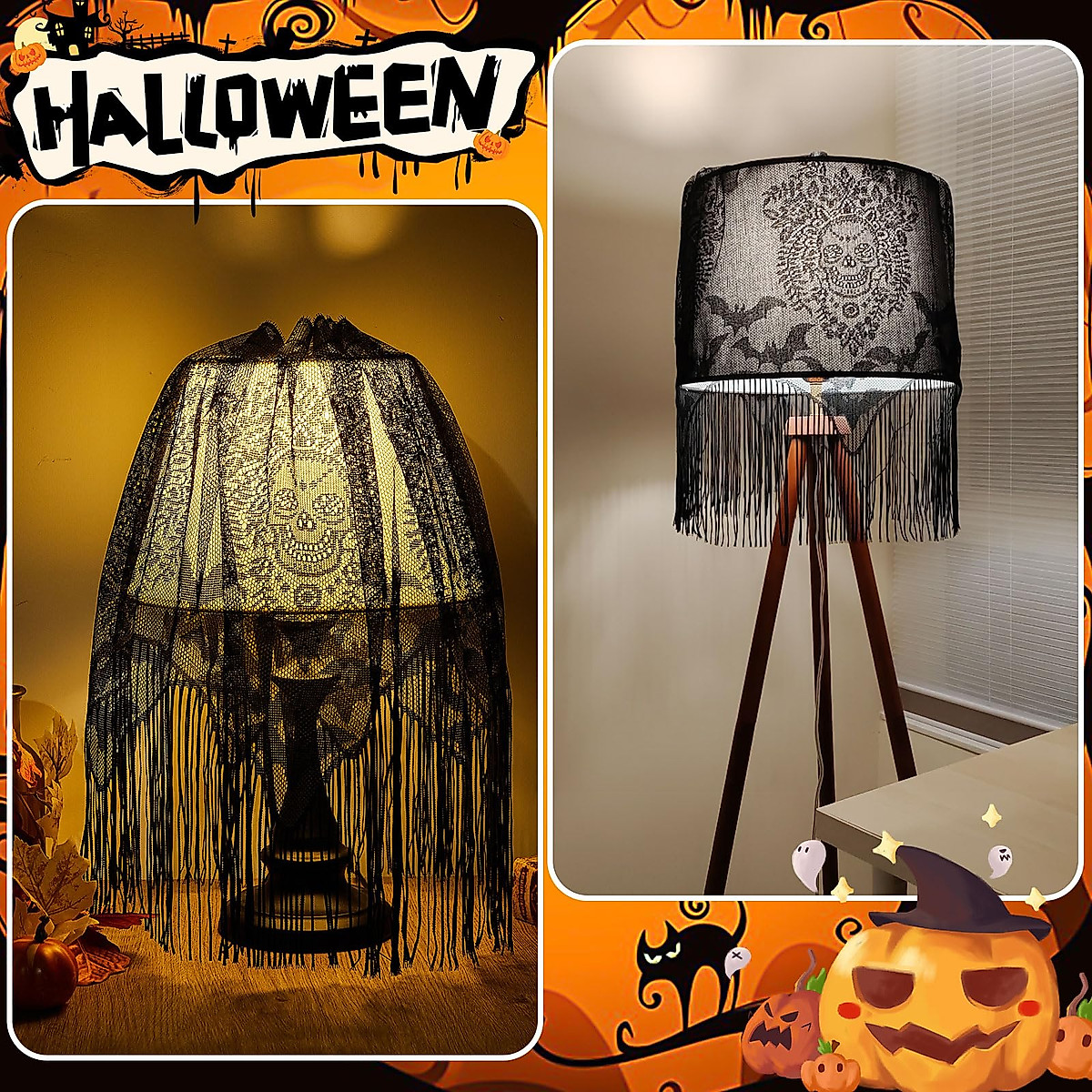 Baquler 4 Pcs Halloween Lamp Shade Cover Black Lace Lampshades Bat Skull Decorations for Halloween Party Supplies
