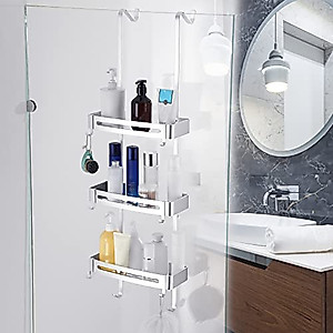 MOGFCT Bathroom Shower Caddy Over The Door Hanging Shower Organizer Storage Aluminum Shower Shelf Rust Proof Bathroom Shelves Basket Rack with Hook Rust Free (Black)