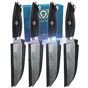 Dalstrong Steak Knife Set - 4 Piece - 5 inch Blade - Omega Series - BD1N-V Hyper Steel Kitchen Knife - G10 Woven Fiberglass Handle - Razor Sharp Knife - Leather Sheath Included