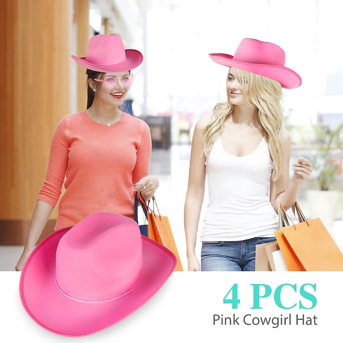ZIYIME 4 Pcs Pink Cowgirl Hat for Women, Pink Cowboy Hat, Cowgirl Hat with 4 Hats 4 Bandanas 4 Pairs Glasses for Bachelorette Parties Cosplay Party