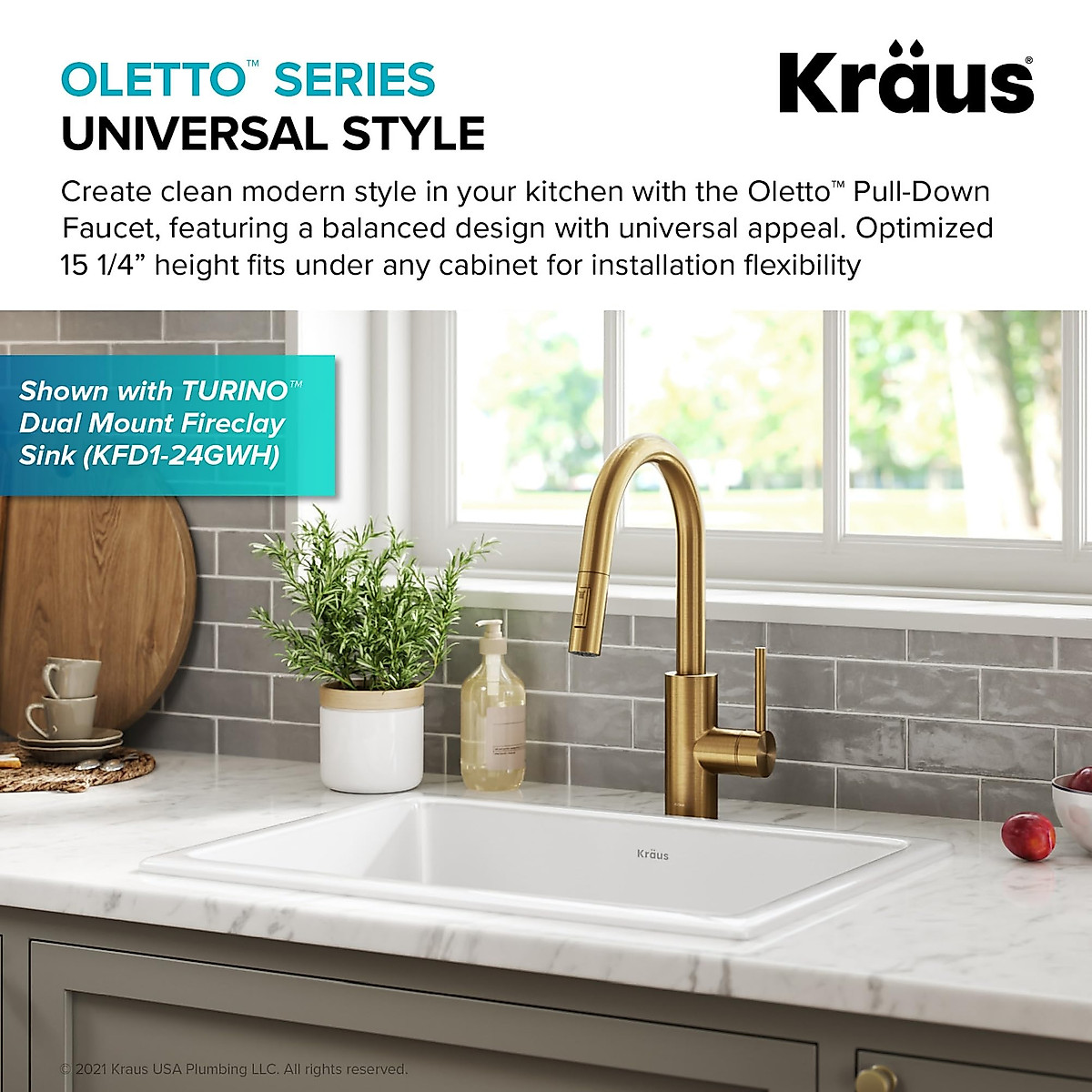 KRAUS Oletto Pull-Down Single Handle Kitchen Faucet with QuickDock Top Mount Installation Assembly in Brushed Brass, KPF-2620BB (Pack of 4)