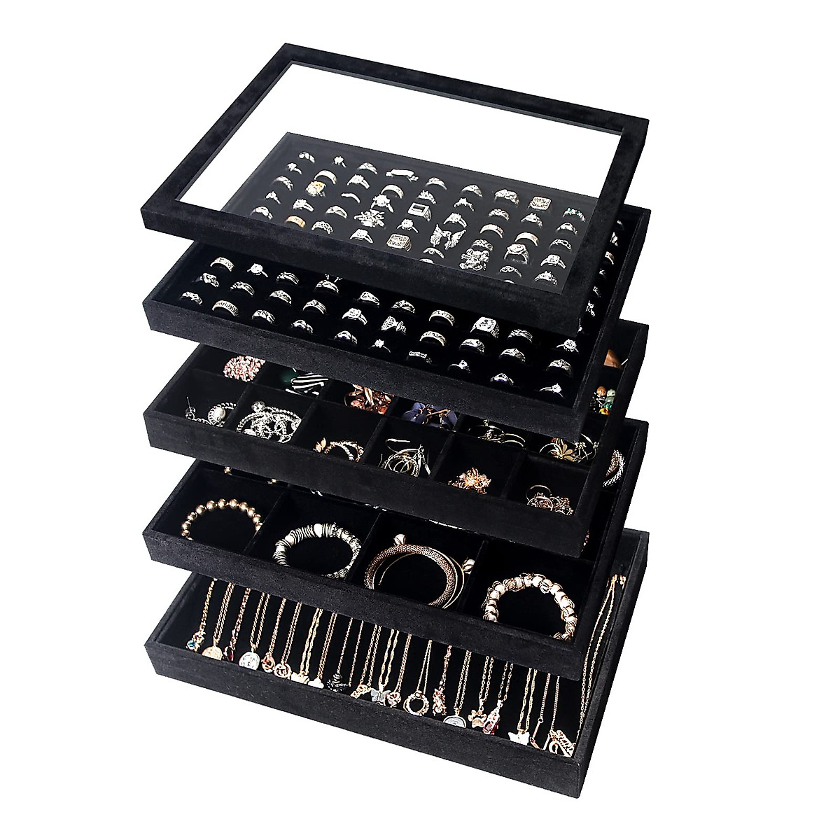 Pengup 5 Pcs/set Stackable Jewelry Organizer Trays,Rings Necklaces Earrings Bracelets Display Storage Trays Holder with Glass Lid (Black Velvet)