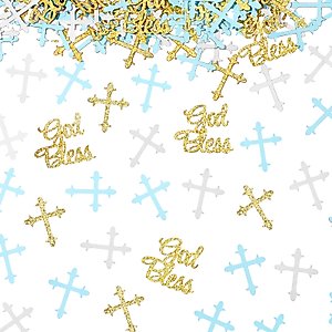 Marspark 300 Pcs Baptism Confetti Glitter Cross God Bless Table Confetti Cross Decorations for Baptism First Communion Baby Shower Birthday Gender Reveal Party Supplies(Blue, Gold, White)
