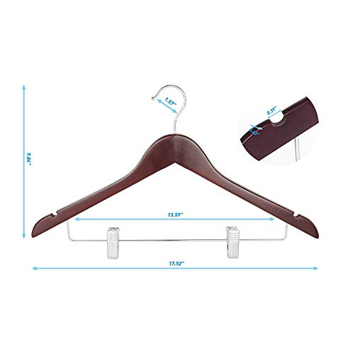 TOPIA HANGER Wooden Suit Hangers with Adjustable Metal Clips (10 Pack), Solid Wood Clothes Hangers, 360° Swivel Hook, Premium Pants Hangers for Clothes Coat, Jeans, Blouse- Cherry CT28M