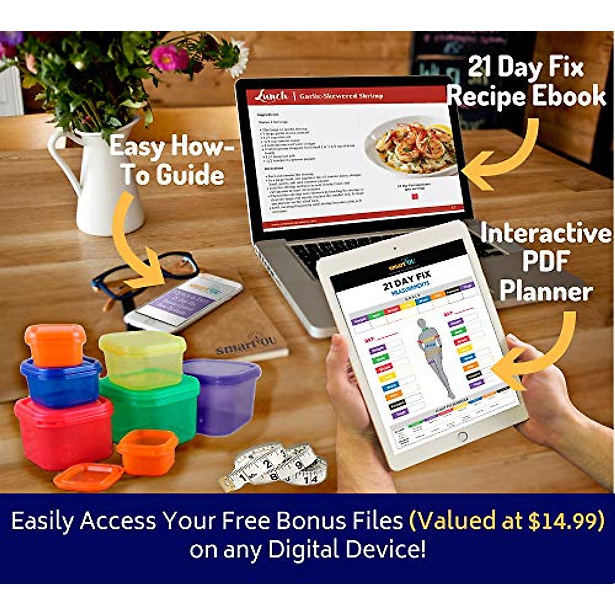 21 Day Portion Control Containers Kit - Nutrition Diet, Multi-Color Coded Weight Loss System. Complete Guide + PDF Planner + Recipe eBook and Tape Measure - BPA Free - 14 PC Labeled