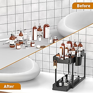 Ulruo 2 Pack Double Pull Out Under Sink Organizers, 2 Tier Multi Purpose Under Cabinet Organizer with Hooks & Hanging Cups, Under Sink Shelf Organizer for Kitchen Bathroom, Black