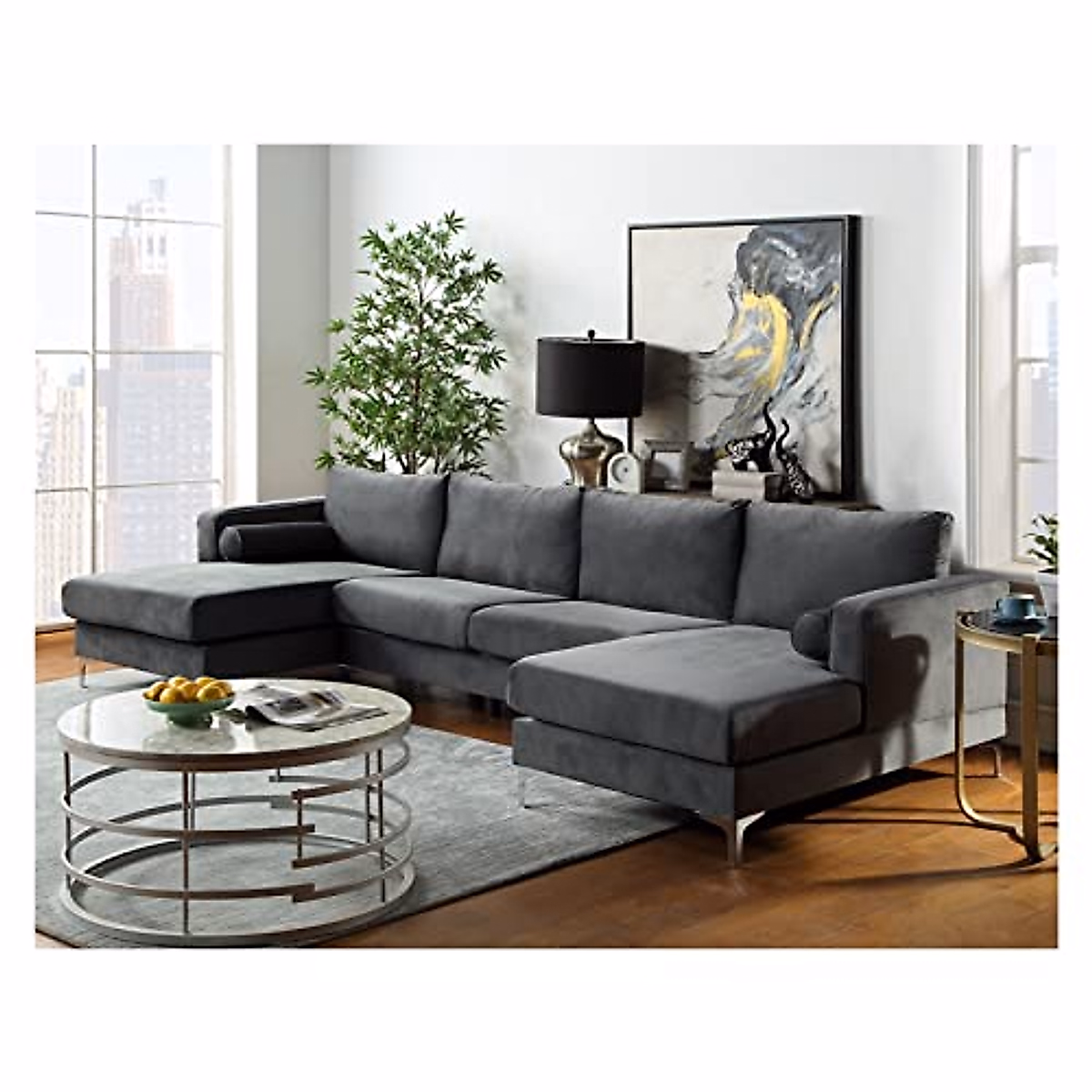 Sectional Sofa with Two Pillows U-Shape Upholstered Couch with Modern Elegant Velvet for Living Room Apartment (Color : Grey) (Blue)