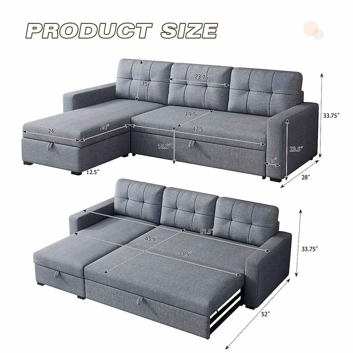 Acosure 81.5" Pull Out Couch with Storage Chaise,L-Shape Upholstered Sectional Sofa Bed W/ 3 Back Cushions,Convertible Sleeper for Living Room Office Apartment,Light Grey