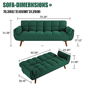 liuyouhom Convertible Futon Couch Bed, Sleeper Sofa Bed with Adjustable Backrests, Linen Loveseat Sofa 3 Seater Comfy Couch for Small Spaces, Living Room, Bedroom(Green, 75")