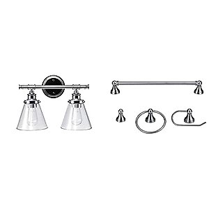 Globe Electric 51412 Parker Vanity Light, 2, Chrome 51228 Jayden 4-Piece All-in-One Bathroom Hardware Set, Brushed Steel, Towel Bar, Toilet Paper Holder, Towel Ring, Robe Hook