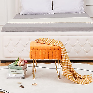 Wimarsbon Faux Mink Fur Storage Ottoman, Modern Soft Footstool, Storage Bench with Metal Legs, Vanity Seat, Fur Stool, Ottoman Coffee Table, Makeup Chair, Vanity Stools for Bedroom (Orange)