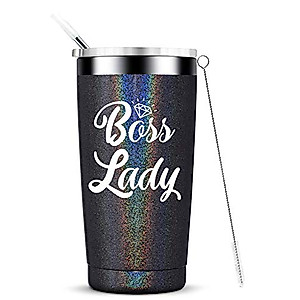 Boss Lady Mug Tumbler-Unique Christmas Birthday Gifts for Women Boss Female Mom Stainelss Steel Wine Tumbler with Staw and Lid Friend Gifts 20oz Glitter charcoal