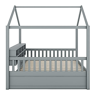 Kids House Bed with Storage Shelves, Full Size Montessori Bed with Bookcase Sideboard, Wooden Cabin Bed Frame with Cabinet for Girls Boys Teens, White