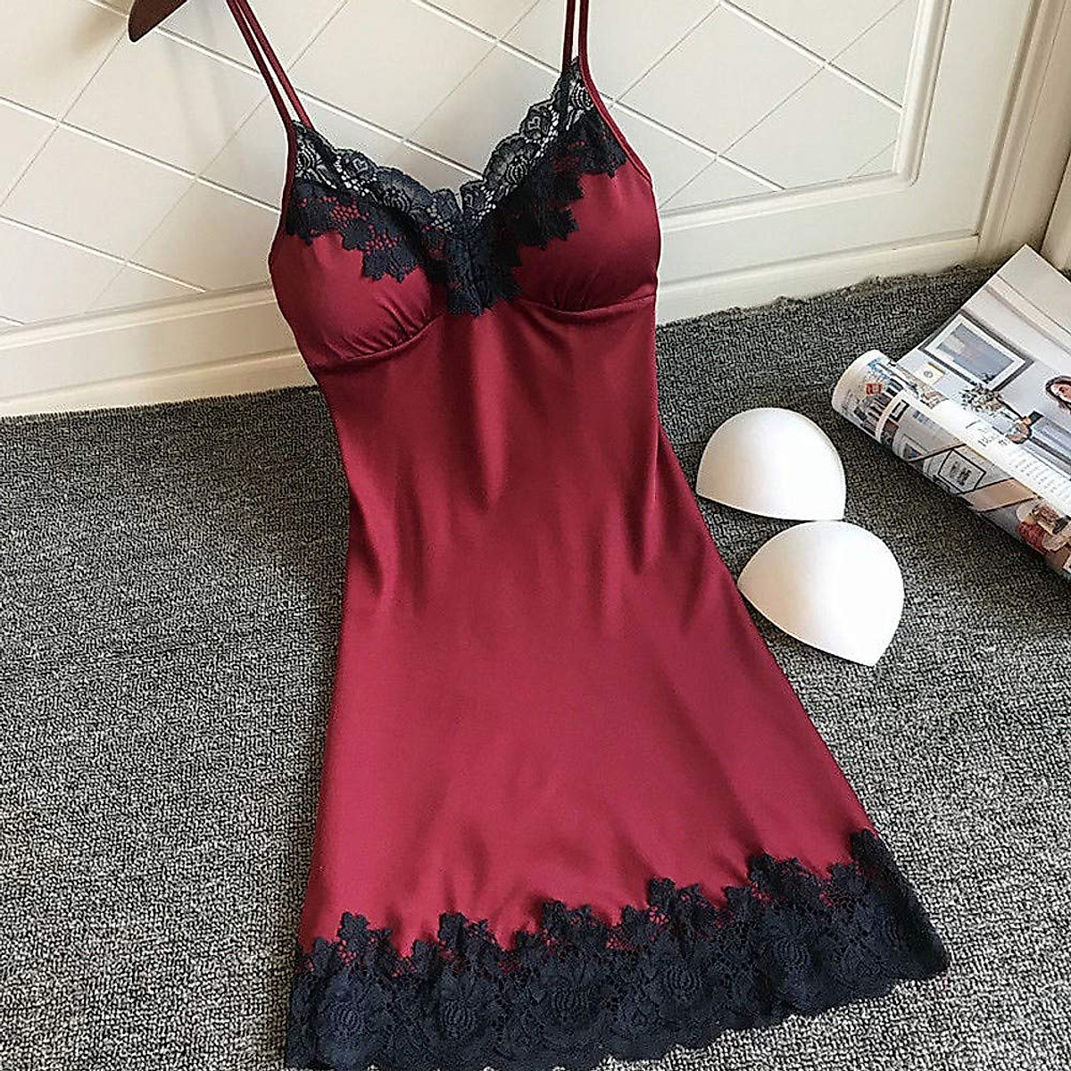 Aniywn Sleepwear Sexy Lingerie Nightgown Lace Chemise Satin Full Slip Silk Negligee Nightie Bridal Babydoll for Women Wine