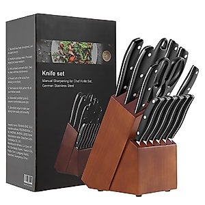 kakaroof 15 Pieces Kitchen Knife Set with Block, Stainless Steel Chef Knife Set with Sharpener and Kitchen Scissors for Professional and Home Use, Full-Tang Design, Black Knives + Brown Block