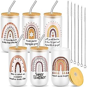 Pinkunn 6 Set Teacher Appreciation Gifts Thank You Teacher Gifts for Women Glass Cups 16oz with Lids Straws Brushes, Teacher Week Gifts Cups Teacher Practitioner Gifts, 6 Styles(Colorful Rainbow)