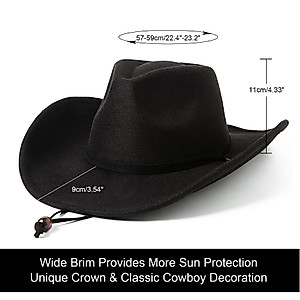 Lanzom Women Men Retro Felt Wide Brim Western Cowboy Cowgirl Hat Dress Up Hat with Wind Lanyard(Black,Medium)