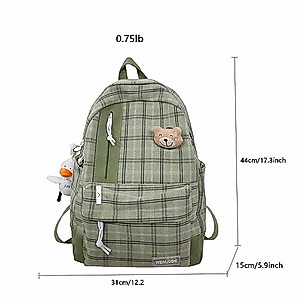 CLOUDEMO 2023 New Kawaii Backpack with Cute Accessories Aesthetic Plaid Daypack 17 Inch Laptop Backpack Pastel Outdoor Travel Bag (Green)
