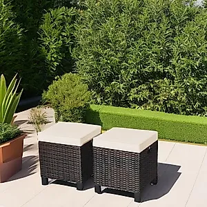 Giantex 2-Piece Rattan Patio Ottoman, All Weather Wicker Ottoman w/Removable Cushion & Steel Frame, Outdoor Footstool Footrest Furniture (Cream)