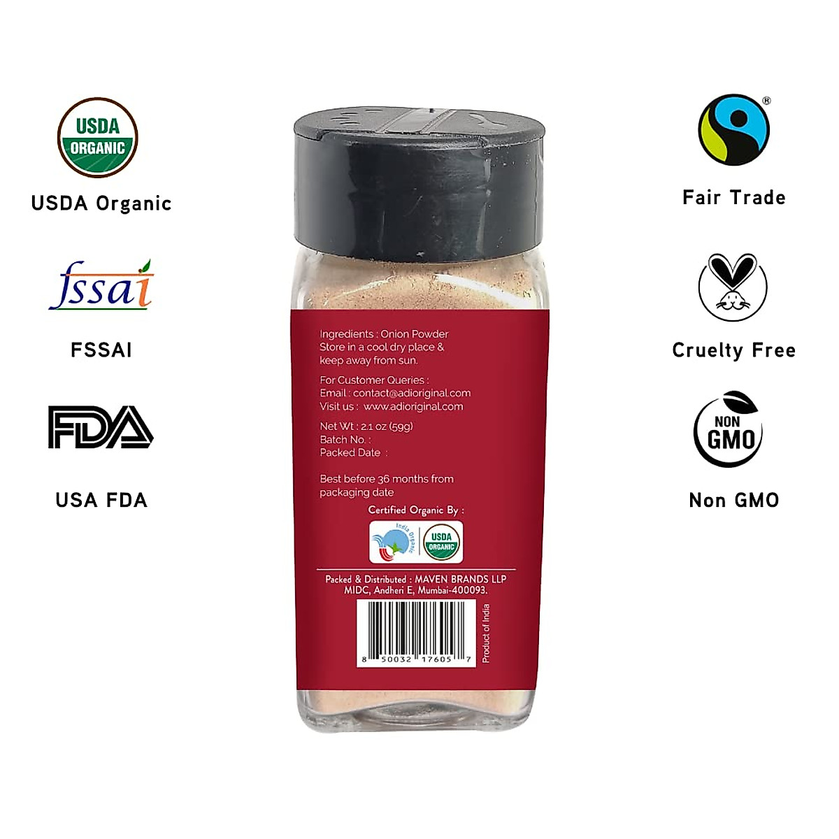ADI USDA Certified Organic Onion Powder, For Seasoning & Cooking - 2.1 oz