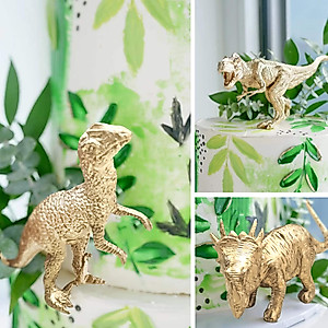 16 PCS Metallic Gold Dinosaur Cake Decorations Dino Theme Cake Topper with Artificial Palm Leaves Dinosaur Eggs for Kids Boys Girls Baby Shower Birthday Party Supplies