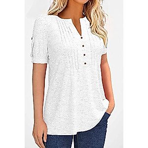 Women's fashion summer pleated button short sleeve T-shirt summer V-neck solid color casual Tunic top White