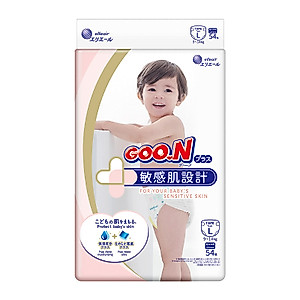 GOO.N Plus+ Diapers L Size (up to 31 lb) Unisex 54 Count Japanese Tape Straps Sensitive Skin, Made in Japan