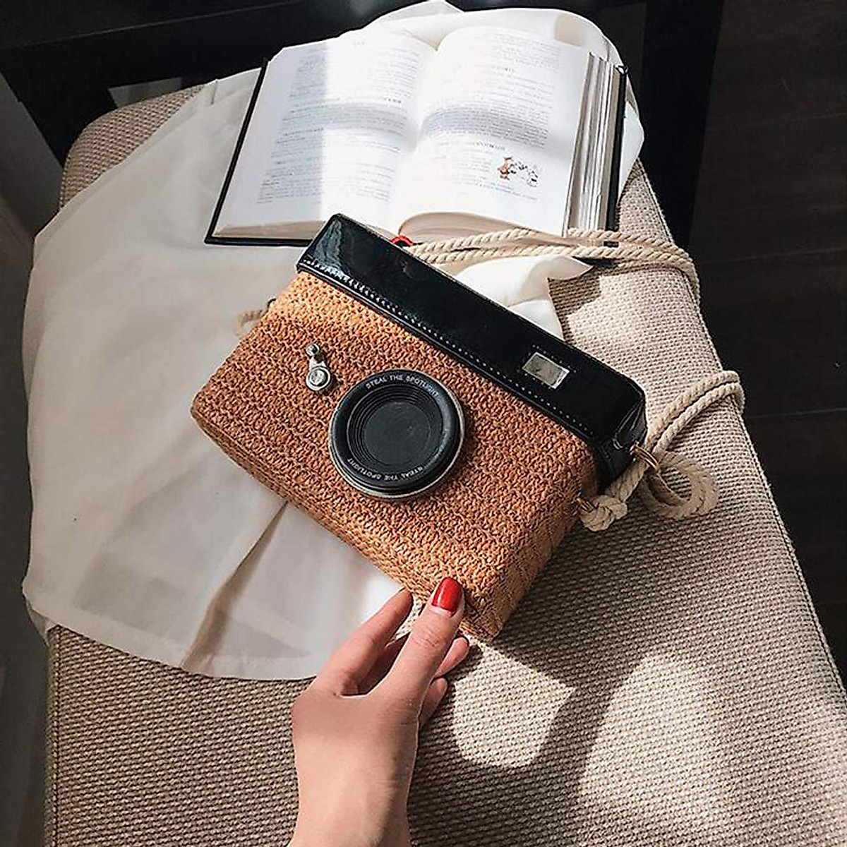 Womens Handbag Camera Purse Woven Handbag Straw Cross Body Bag Womens Shoulder Bags Womens Wallet Camera Shape Bag Mini Square Bag Straw Woven Bag Straw Bag Rattan Bag Beach Bag