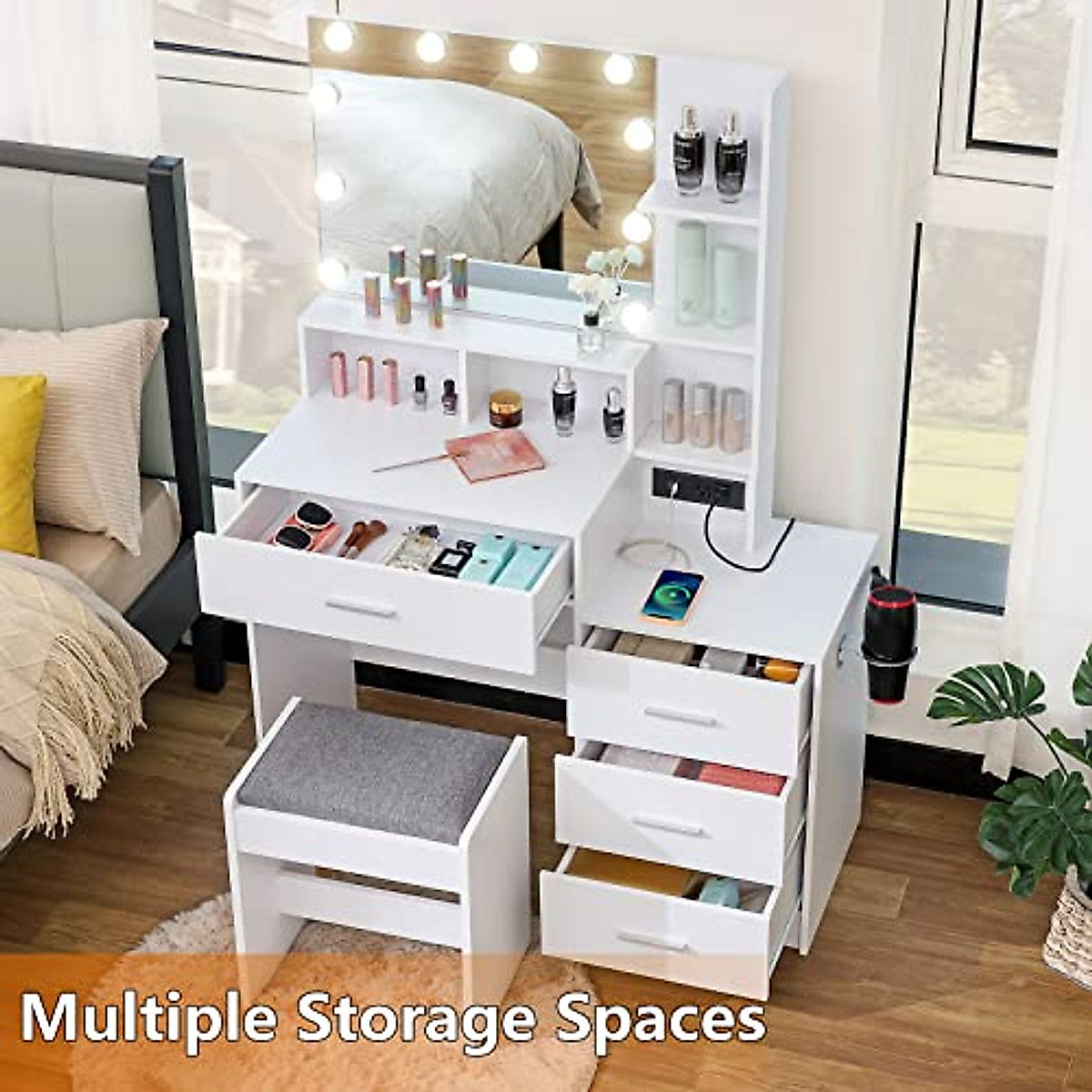 usikey Large Vanity Table Set with Lighted Mirror & Charging Station, Makeup Vanity Dressing Table with 4 Storage Shelves and 4 Drawers, Vanity Desk with 3-Drawer Chest and Cushioned Stool, White