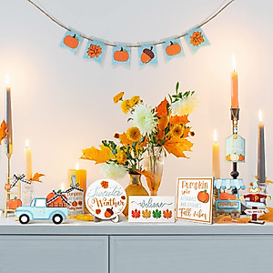 15 Pieces Fall Tiered Tray Decor Set Thanksgiving Pumpkin Tray Decor Scarecrow Truck Fall Decor for Home Autumn Harvest Wooden Table Decorations Signs