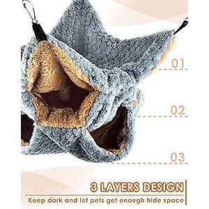 TINDTOP Small Animals Hammock, Ferret Sugar Glider Triple Bunk Bed Cage Warm Plush Hanging Hammock Bed Hideout for Hamster Guinea Pig Rat Ferret Chinchilla (Grey + Blue)