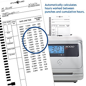 Pyramid Time Systems Model 4000 Auto Totaling Time Clock, 50 Employees, Includes 25 time Cards, Ribbon, 2 Security Keys and User Guide, Made in USA, Silver, "7.25""h x 7""w x 6.75"" d"