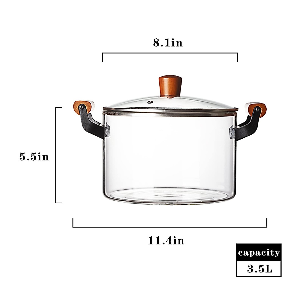 Glass Simmer Pot 3.5L Glass Pots for Cooking with Cover and Wooden Handle Glass Cookware for Stovetop Safe for Pasta Noodle Soup Milk Baby Food Transparent