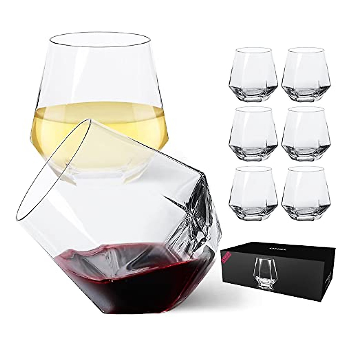 JBHO Stemless Wine Glasses Set of 6, Red or White Small Wine Glass set, 10oz Diamond Shaped, Unique Short Tumblers, Cocktail Glass, Nice Gift-Packaging for Housewarming, Birthday,Valentine,NewYear
