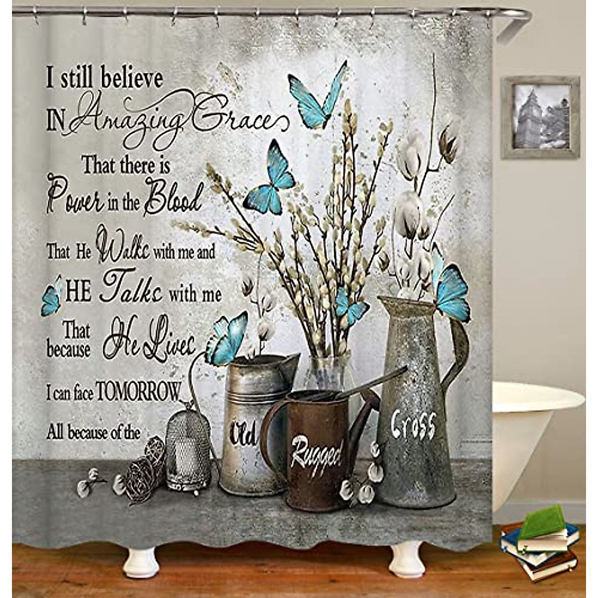 OLEBETY 4PCS/Set Inspirational Quotes Shower Curtain, Blue Butterfly White Cotton Flower Vintage Floral Country Rustic Farmhouse Bathroom Decor, Non-slip Bath Mat, Amazing Grace