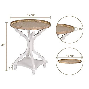 Wnutrees Farmhouse Round Accent End Table, Rustic Side Table Nightstands for Living Room Bedroom, Wood Tray Top, Handcrafted Finish, Set of 2, White