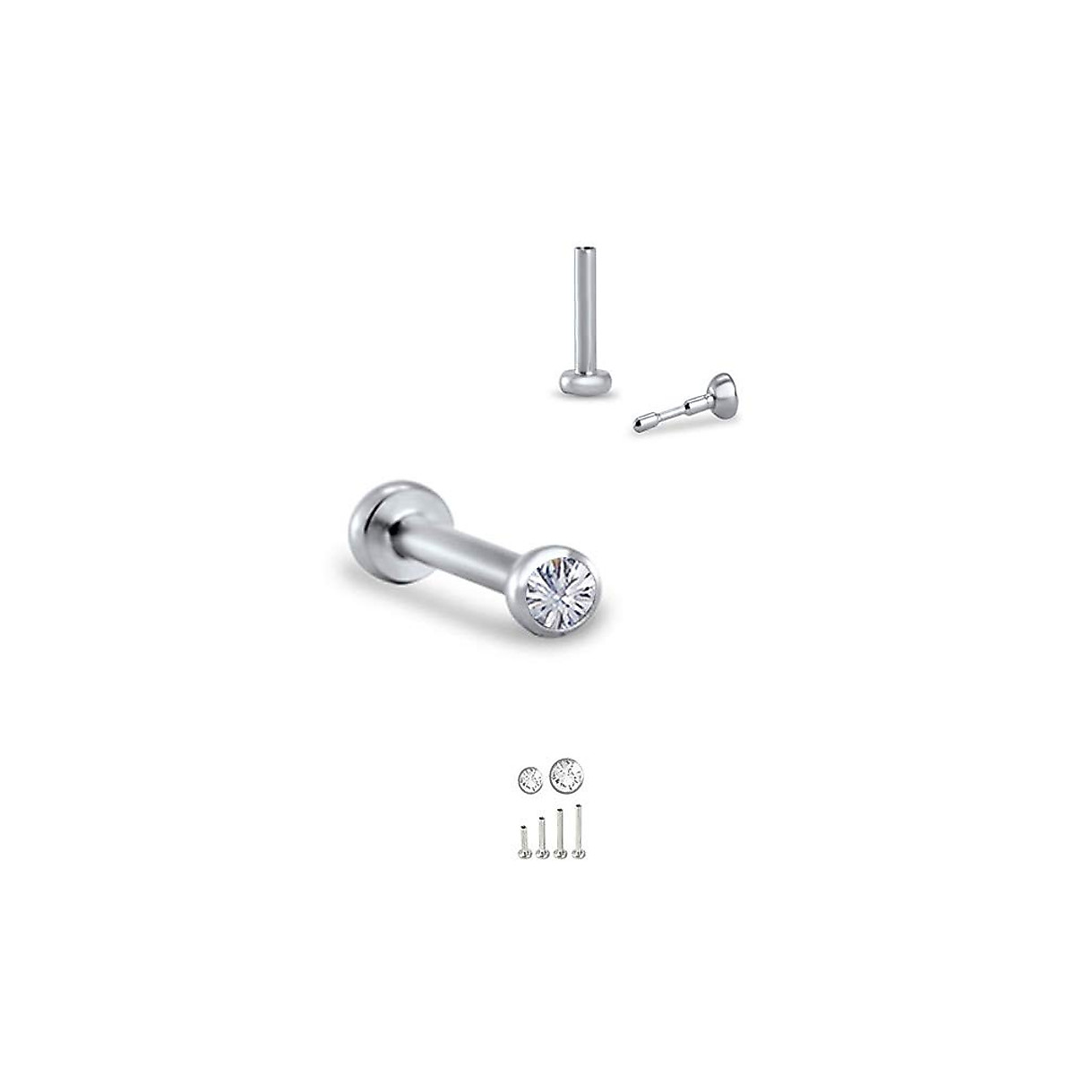 316L Stainless Steel Labret Nose Ring Stud Titanium Push Pin Threadless Post 3/16" - 5mm Post 2.5mm Stone 18G