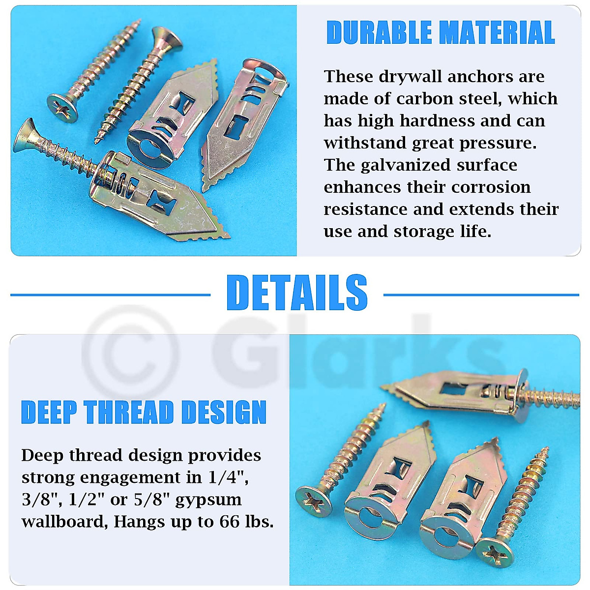 Glarks 200Pcs Drywall Self-Drilling Anchors with Screws, 100Pcs Carbon Steel Hollow Wall Anchor Tapping Screw with 100Pcs Screws Kit, No Drill or Holes in Wall