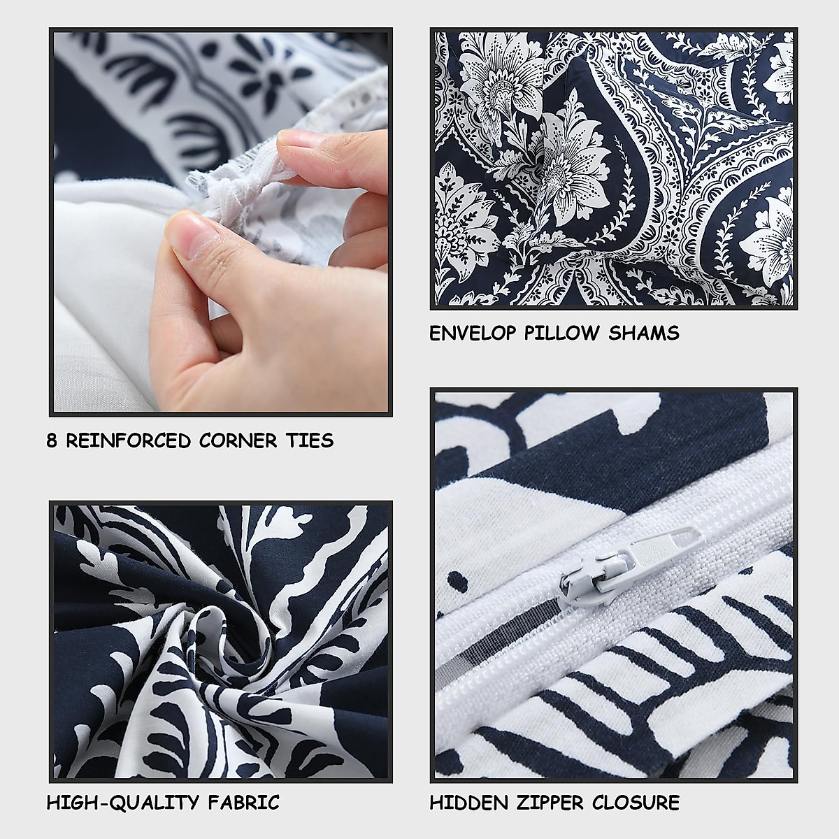 Bedduvit Cotton Duvet Cover Queen - Navy Blue Damask Queen Duvet Cover Set,Breathable Minimalism Damask Patterned Duvet Cover Queen with Zipper Closure & 8 Ties (90"x90", No Comforter)