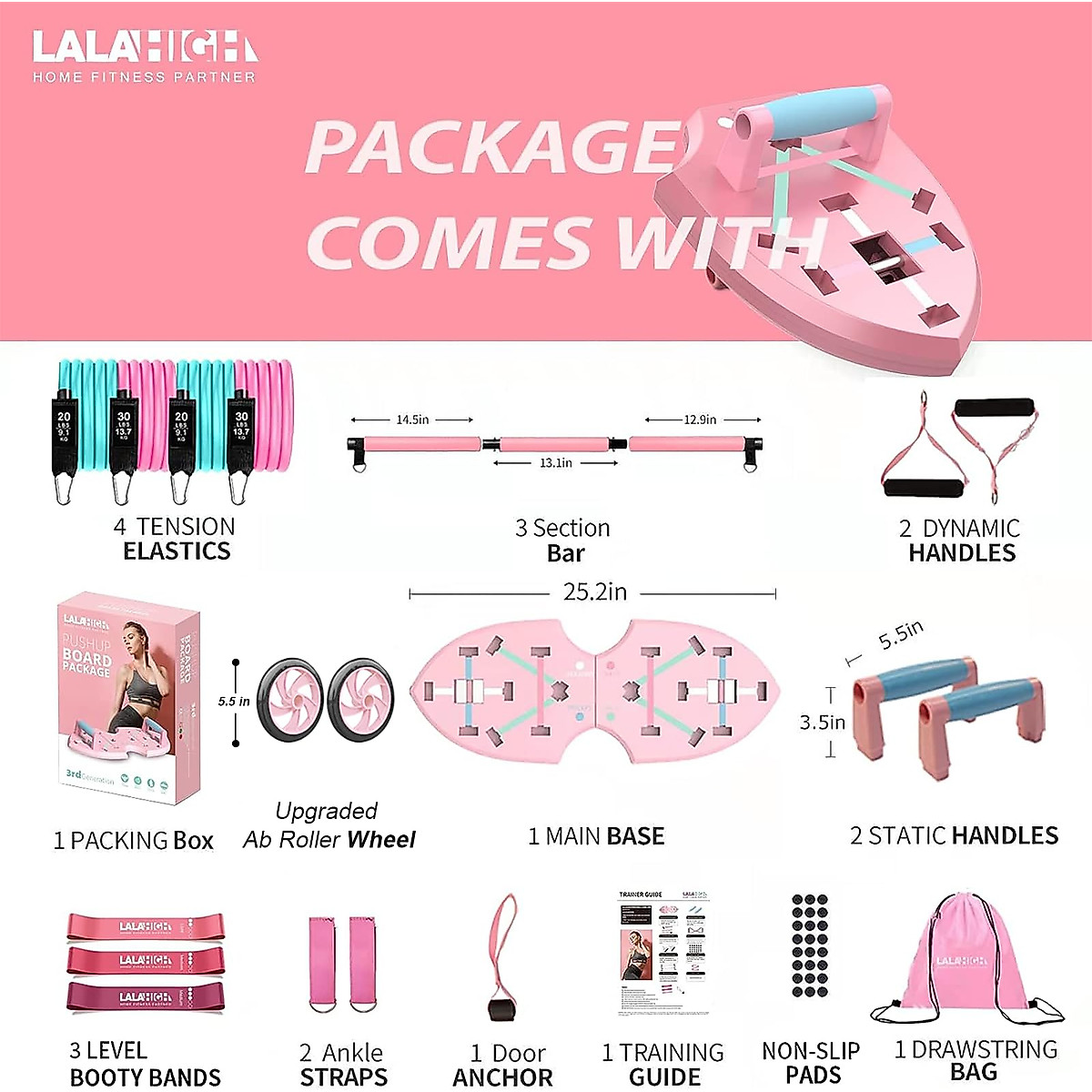 LALAHIGH Home Workout Equipment for Women, Multifunction Push Up Board, Portable Home Gym System with Resistance Bands,Ab Roller Wheel, and 20 Gym Accessories, Professional Strength Training Exercise