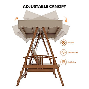 Kybolt Wooden Patio Swing with Adjustable Canopy,3-Seater Wood Patio Swing Bench Bed with Removable Cushion,Patio Swing Glider with Flatbed for Backyard Garden Balcony Poolside