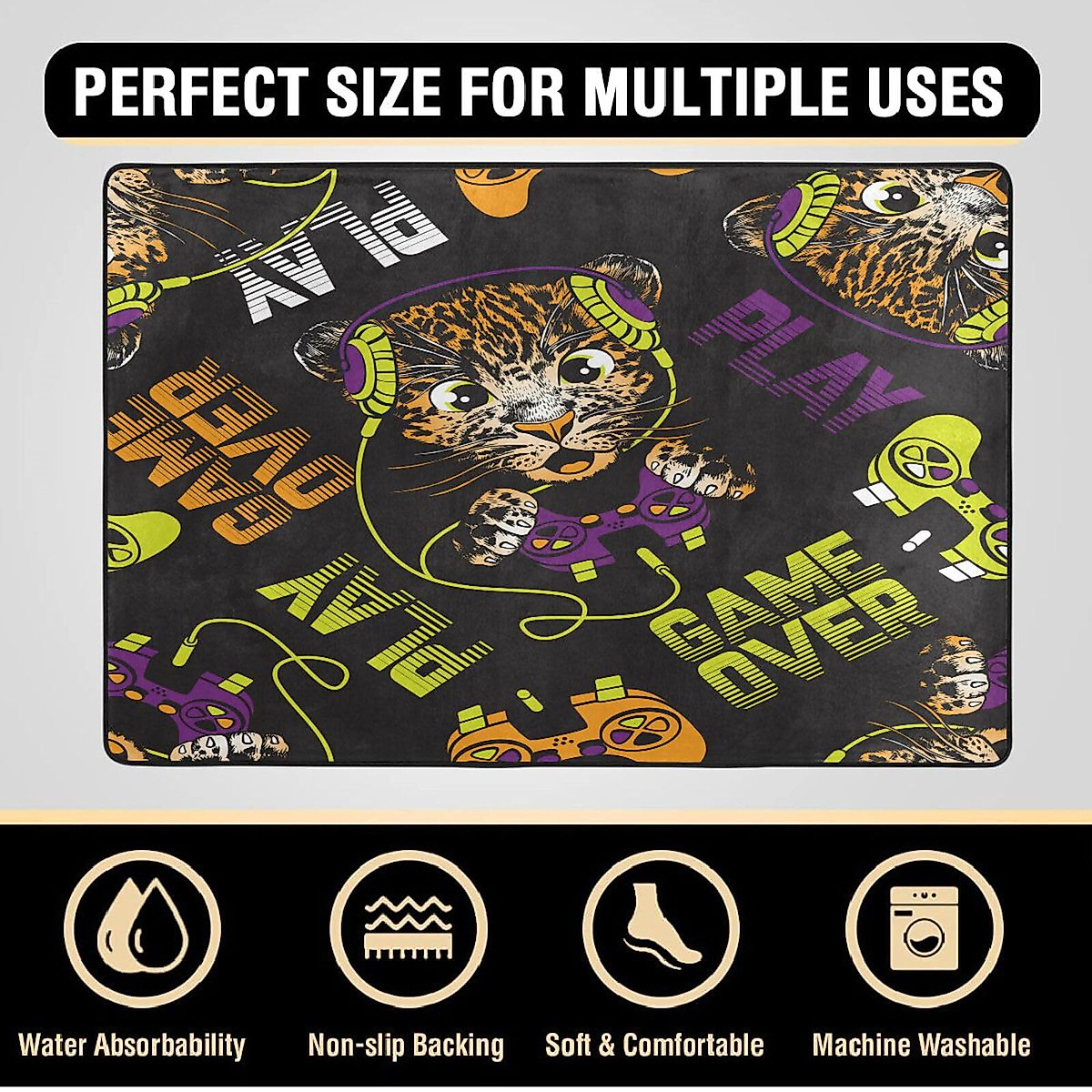 Leopard Gamer Joystick Area Rug 4x6 Non Slip Large Rugs for Living Room Bedroom Absorbent Washable Carpet with Rubber Backing Indoor Outdoor for Dorm Backyard Patio