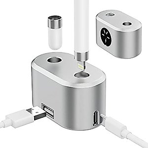 GFOX Charging Station for Apple Pencil 1st Generation, iPencil Charging Adapter Compatible with iPad Pencil, iPad Pen Charging Holder with LED Light Display Screen USB Port - Silver