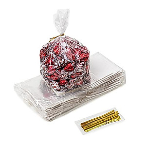 Clear Candy Bags 50 Pcs 4x4x9 Flat Bottom Cello/Cellophane Treat Bags for Bakery, Cookies, Goodie Bags with Color Twist Ties!