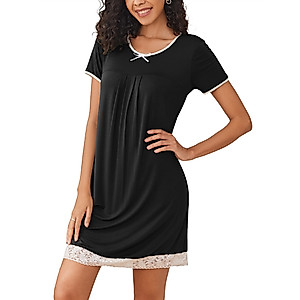 HOTOUCH Nightgowns for Women Pleated Sleepdress Scoopneck Night Dress Lcce Sleepwear Black L