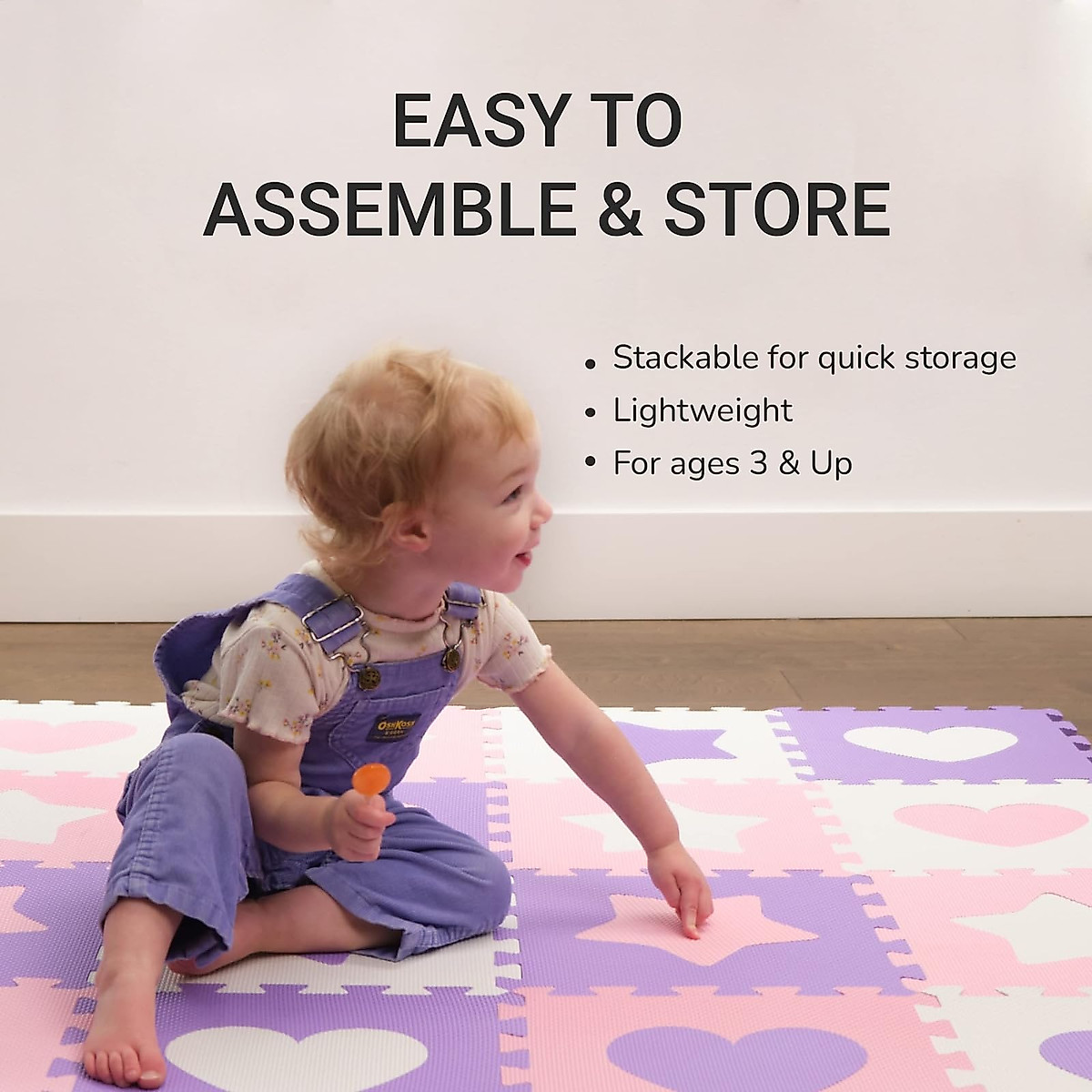 Tadpoles Hearts and Stars Foam Playmats for Kids, 16 Interlocking Foam Tiles, Waterproof, Durable, and Long-lasting | Total Floor Coverage 50” x 50” | For Ages 3 and Up | Pink, Purple, and White